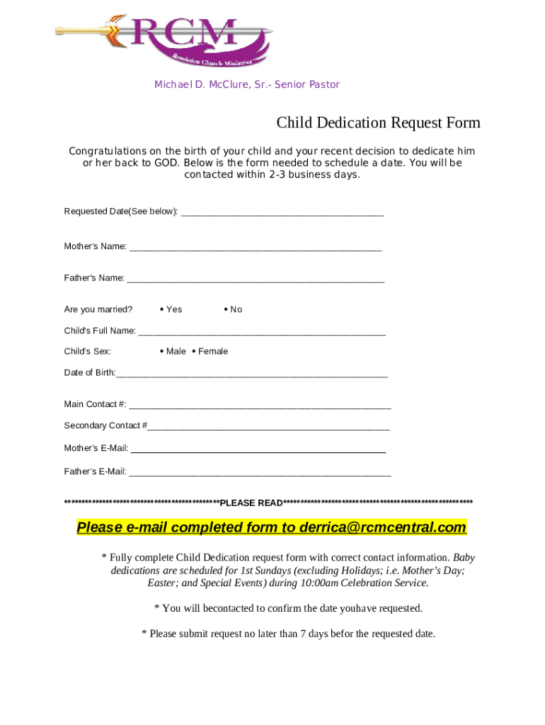 Wildwood Church of God - Infant Dedication Request Doc Template | pdfFiller