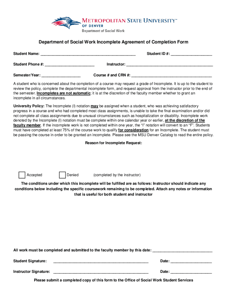 Fillable Online Department of Social Work Incomplete Agreement of ...