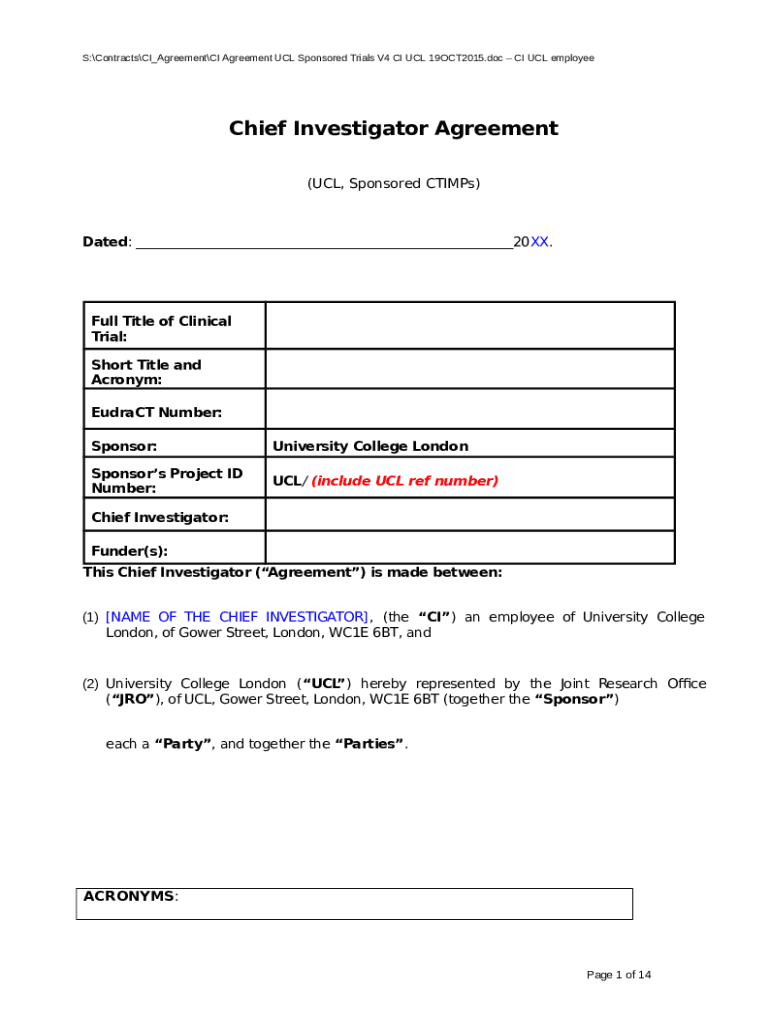 Chief Investigator Agreement Doc Template | pdfFiller