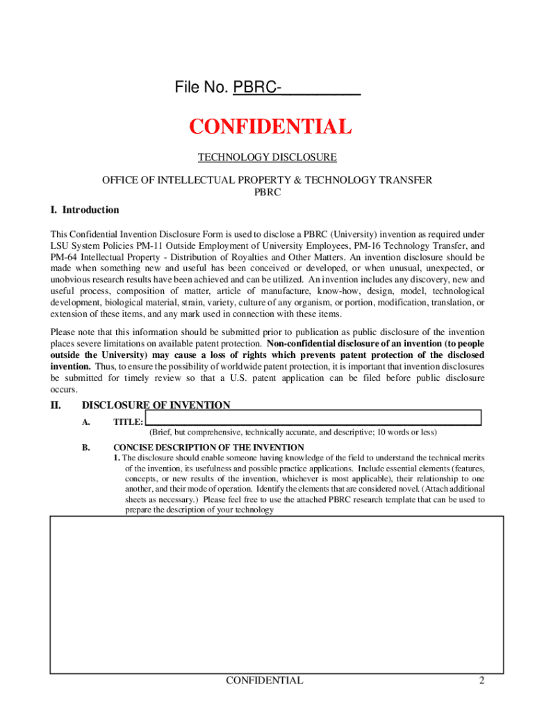 Fillable Online PBRC Technology Disclosure Packet EFFECTIVE FY2016sms ...