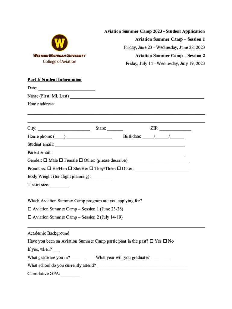 Fillable Online Aviation Summer Camp 2023 - Student Application Fax Email Print - pdfFiller