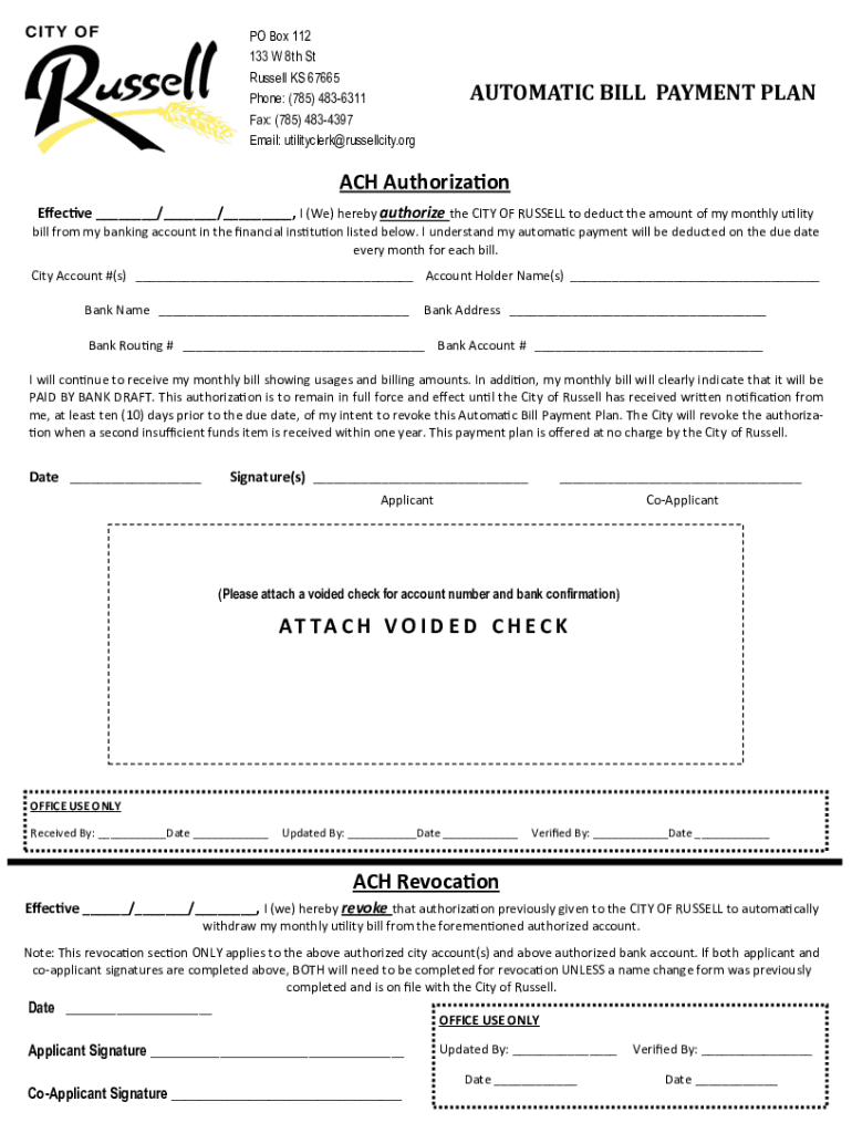 Fillable Online AUTOMATIC BILL PAYMENT PLAN ACH Authorization AT TAC H ...