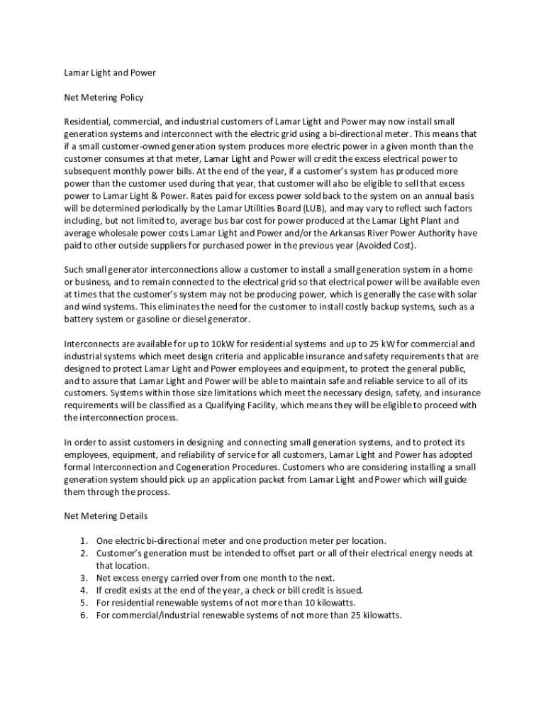 Fillable Online Lamar Light and Power Net Metering Policy Residential ...