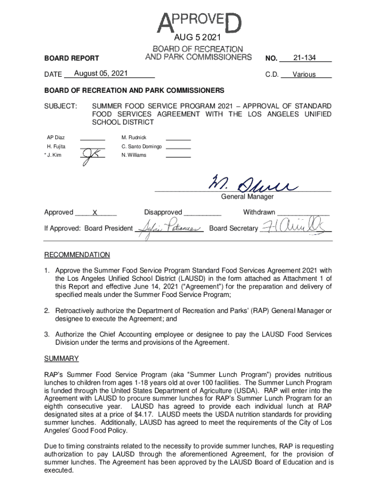 Fillable Online SUMMER FOOD SERVICE PROGRAM 2021 APPROVAL OF STANDARD ...