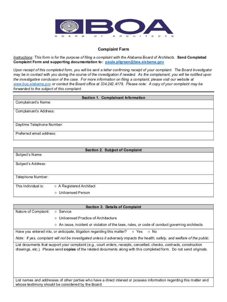 Fillable Online boa alabama Statement of Claim (Complaint) - General ...