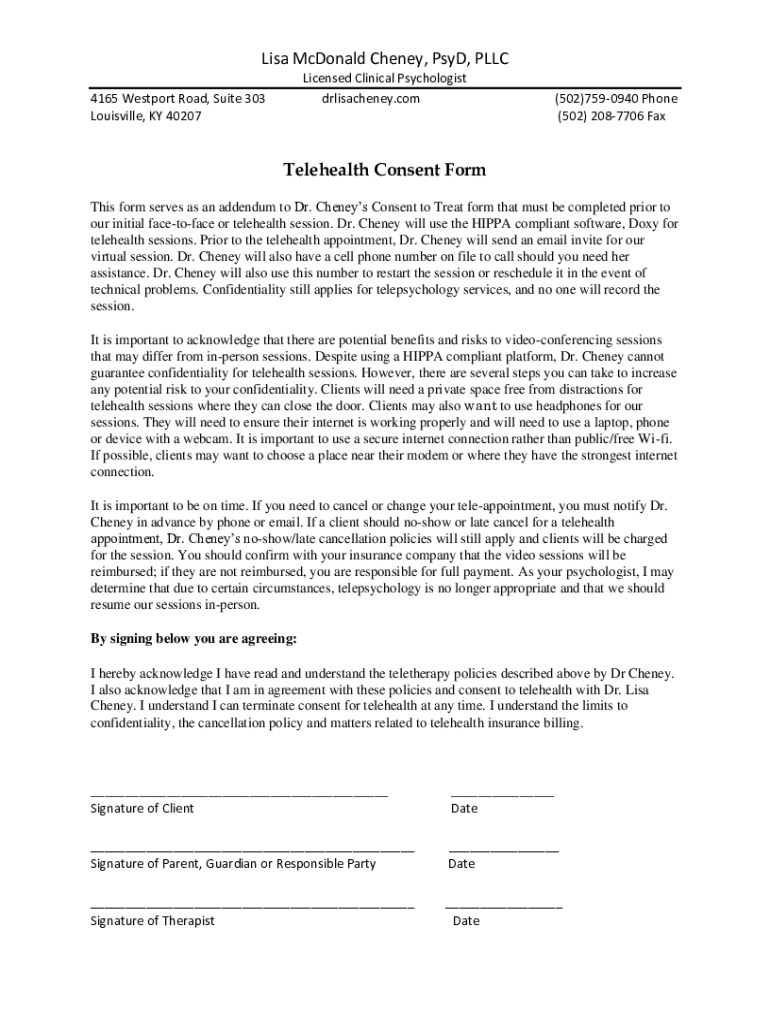 Fillable Online Lisa McDonald Cheney, PsyD, PLLC Telehealth Consent ...