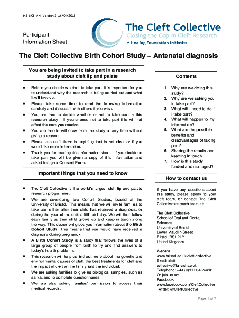 Fillable Online The Cleft Collective Birth Cohort StudyAntenatal ...