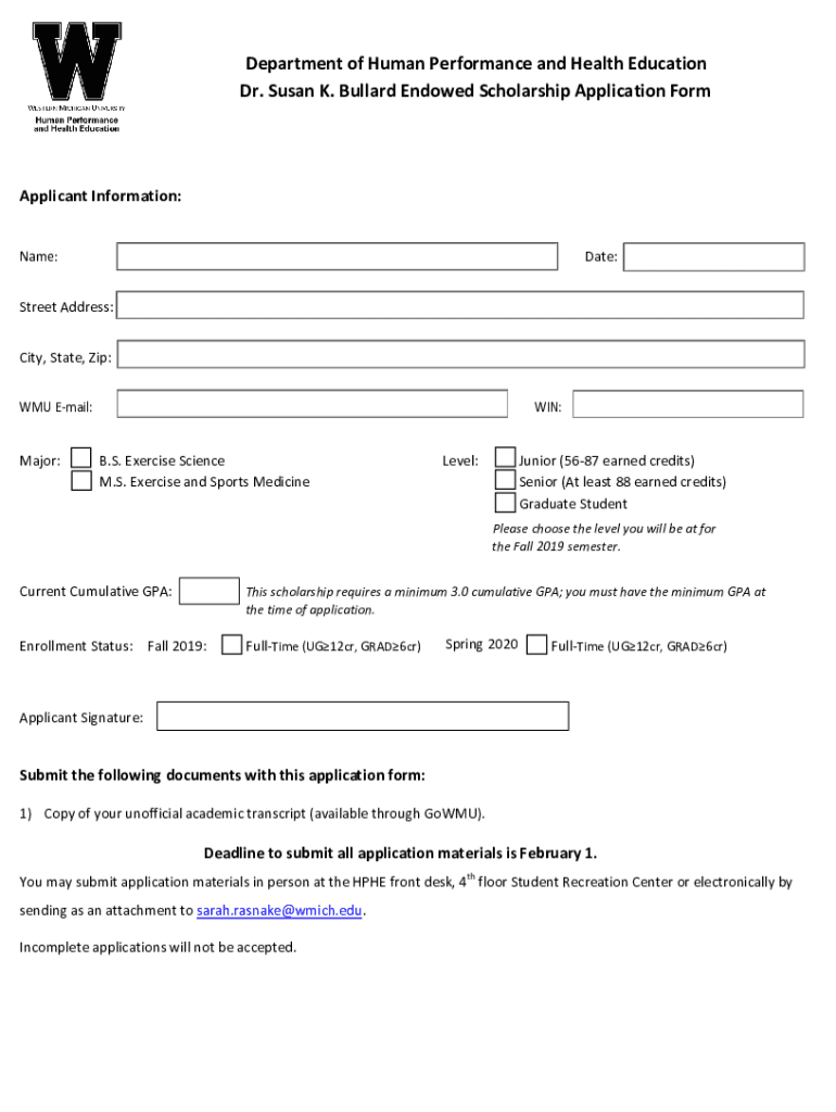 Fillable Online Dr. Susan K. Bullard Endowed Scholarship Application ...