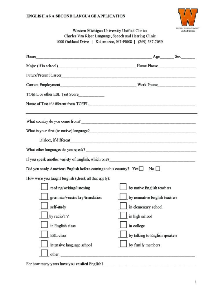 Fillable Online English as a Second Language application Fax Email ...