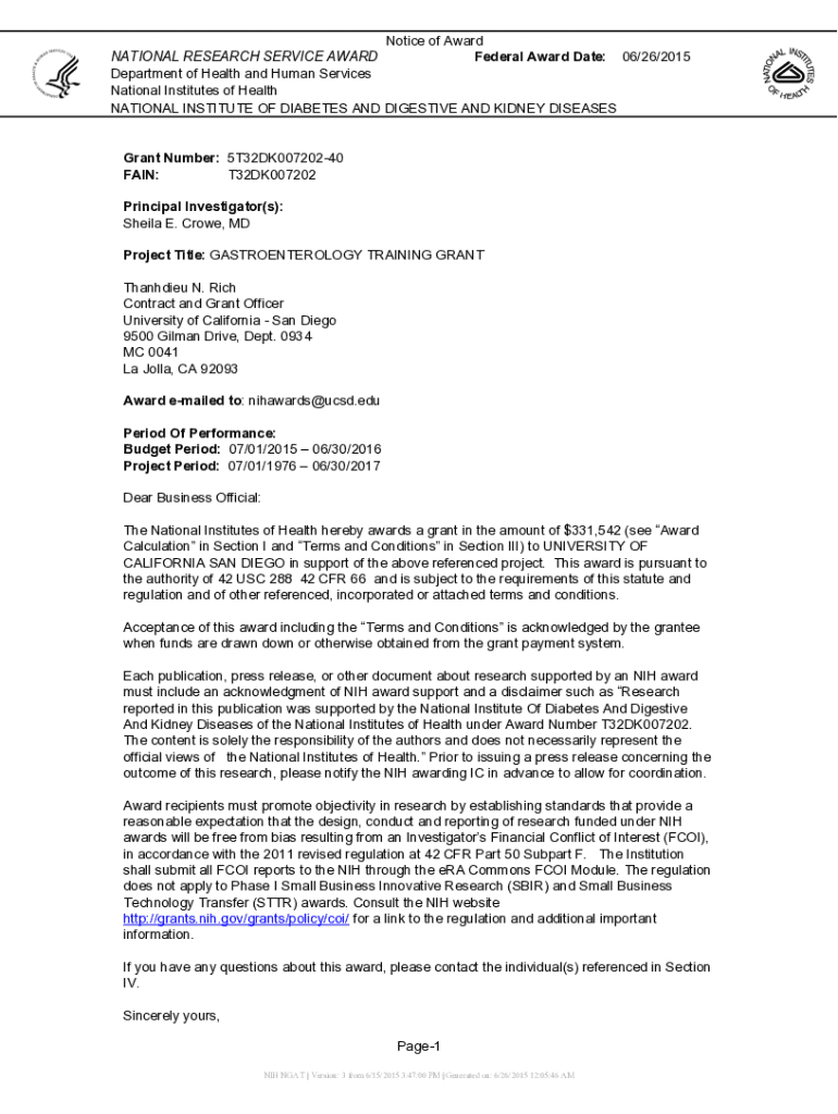 Fillable Online NIH -Notice of Grant Award Fax Email Print - pdfFiller