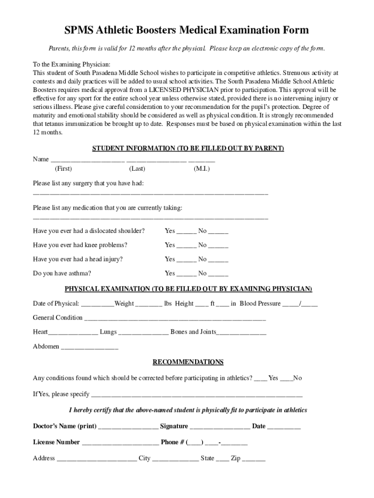 Fillable Online SPMS Athletic Boosters Medical Examination Form Fax ...