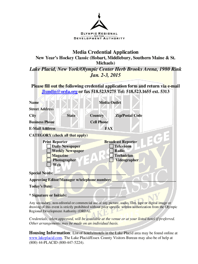 Fillable Online apps cio ny Media Credential Application Lake Placid, New York/Olympic Center ...