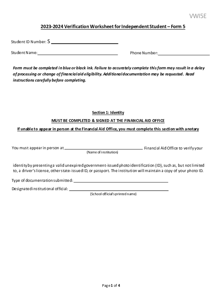Fillable Online 2023-2024 Verification Worksheet for Independent ...