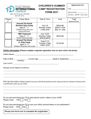 Fillable Online CHILDREN'S SUMMER CAMP REGISTRATION FORM 2021 Fax Email ...