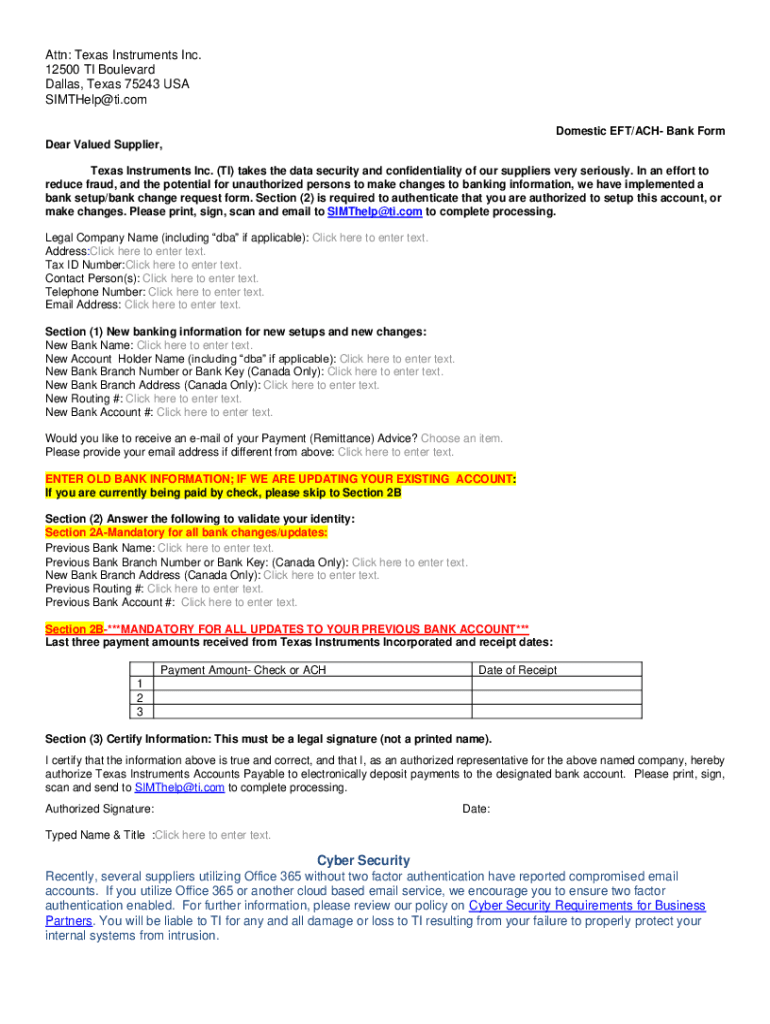 Fillable Online Domestic EFT/ACH- Bank Form. Corporate Collateral Fax ...