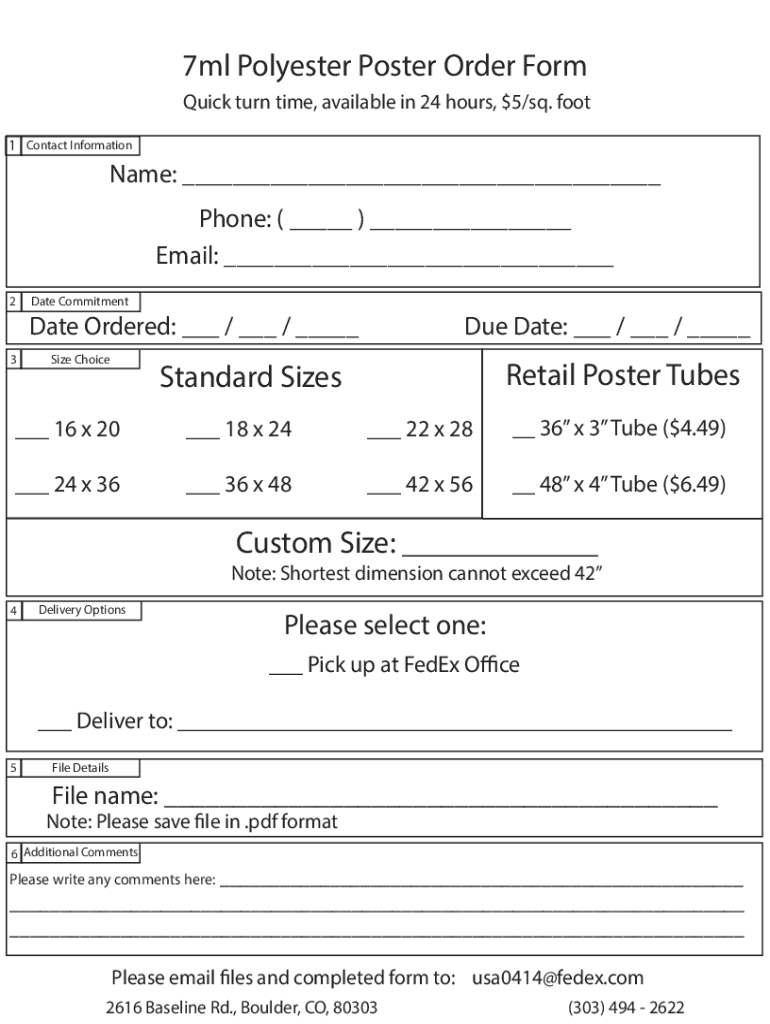 Fillable Online 7ml Polyester Poster Order Form Standard Sizes Custom ...