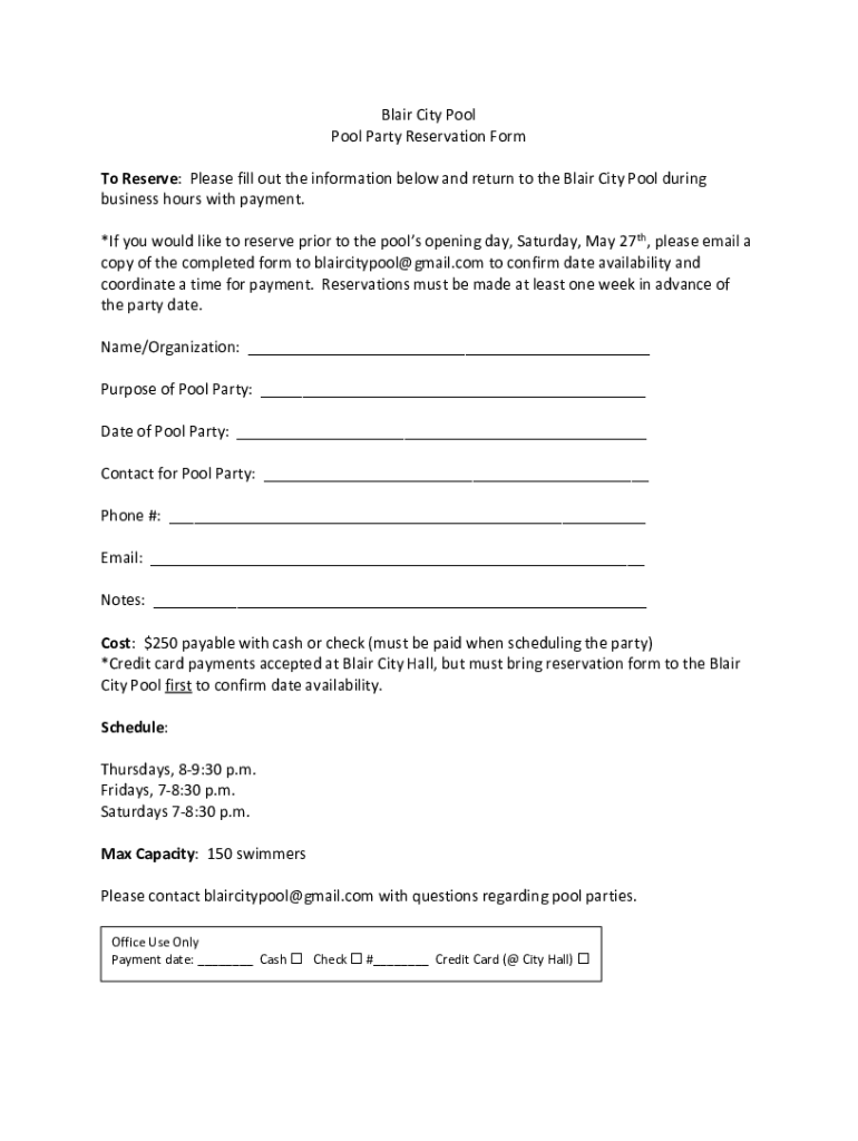 Fillable Online Blair City Pool Pool Party Reservation Form To Reserve ...
