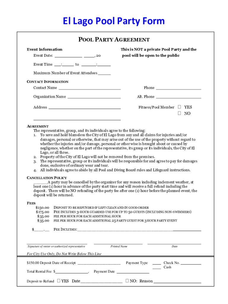 Fillable Online El Lago Pool Party Form Fax Email Print - pdfFiller