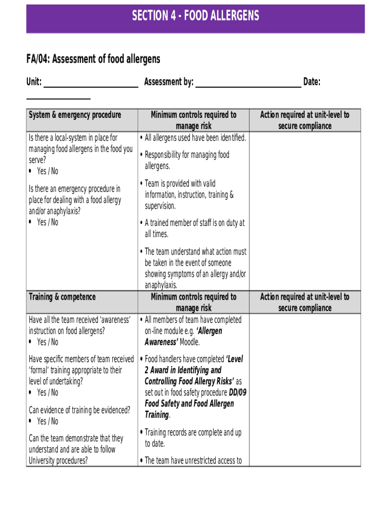 section 4 - food allergens - warwick ac Doc Template | pdfFiller