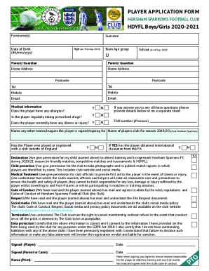Fillable Online PLAYER APPLICATION FORM HDYFL Boys/Girls 2020-2021 Fax ...