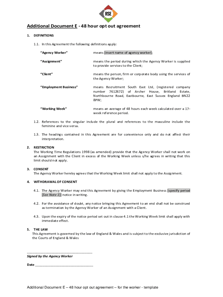 Fillable Online model opt-out of 48 hour working week agreement Fax ...