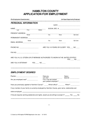 Fillable Online HAMILTON COUNTY APPLICATION FOR EMPLOYMENT Fax Email ...