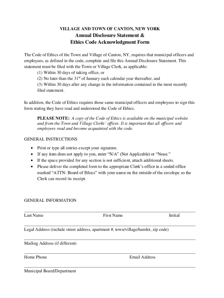 Fillable Online Annual Disclosure Statement & Ethics Code ...
