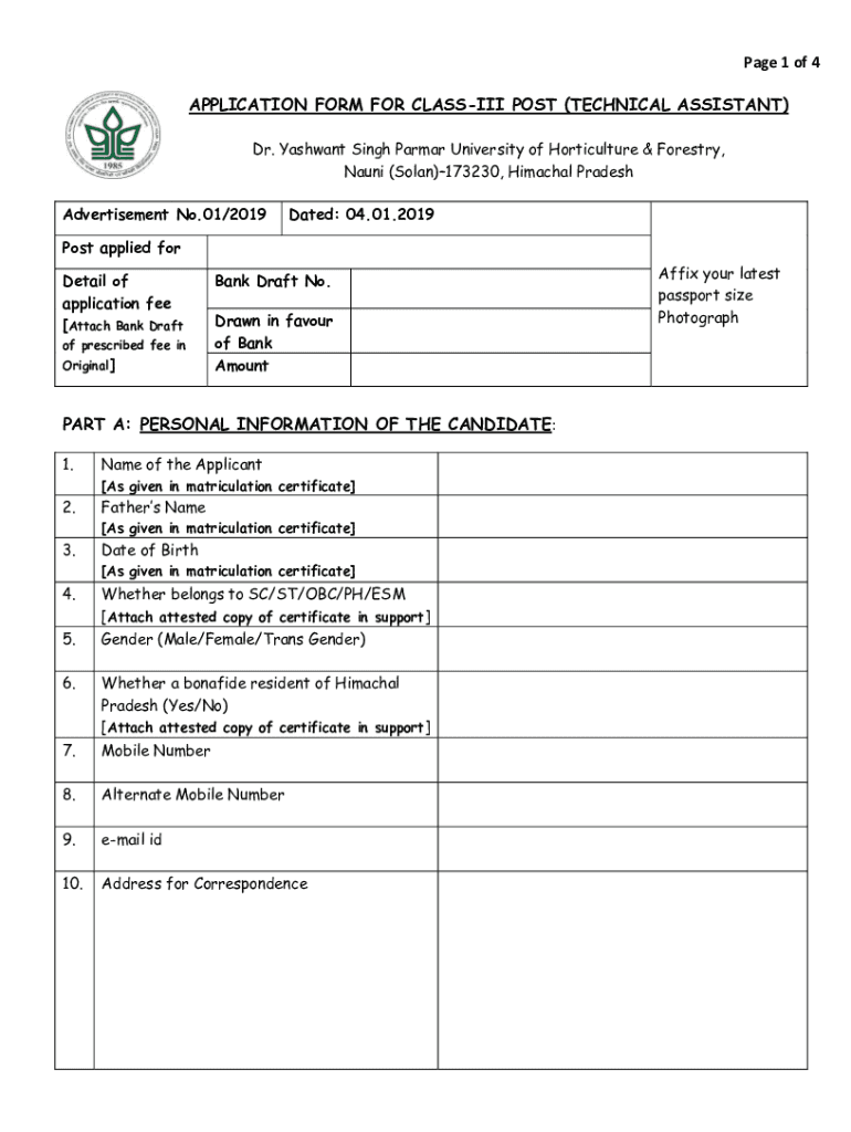 Fillable Online Page 1 of 4 APPLICATION FORM FOR CLASS-III POST ...