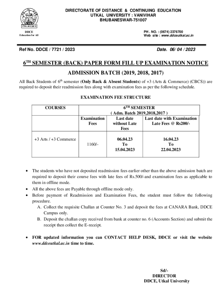 Fillable Online ddceutkal ac 6TH SEMESTER (BACK) PAPER FORM FILL UP ...