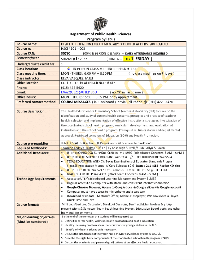Fillable Online Department of Public Health Sciences MPH Program Syllabus Fax Email Print ...