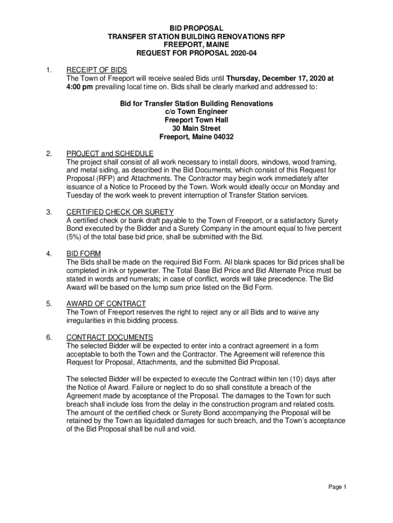Fillable Online BID PROPOSAL TRANSFER STATION BUILDING RENOVATIONS ... Fax Email Print - pdfFiller
