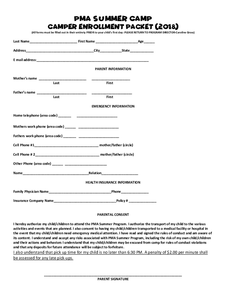 Fillable Online PMA Summer Camp Fax Email Print - pdfFiller
