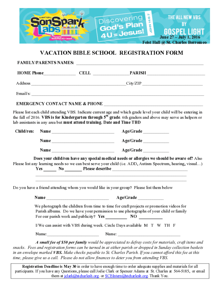 Fillable Online Vacation Bible School (VBS) - Nederland - Mass Times ...