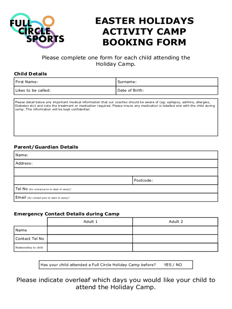 Fillable Online Activity Camp Booking Form - Full Circle Sports Fax ...