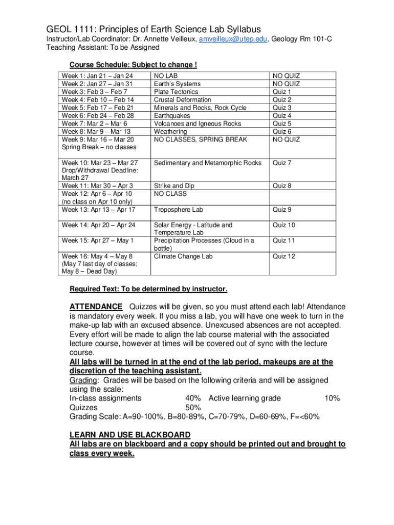 Fillable Online GEOL 1111 (Lab for GEOL 1211): Principles of Earth ...