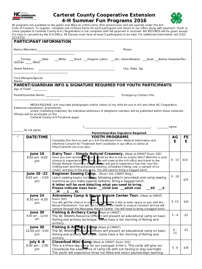 4-H Summer Program (N.C. Cooperative Extension) Doc Template | pdfFiller