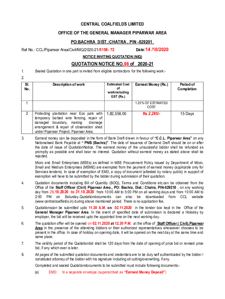 Fillable Online boq for percentage rate quotation biil of quantity (boq ...