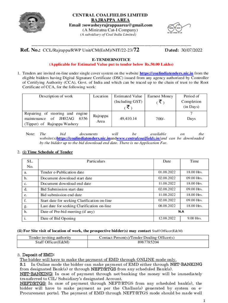 Fillable Online : CCL/Rajrappa/RWP Unit/CM(EnM)/NIT/22-23/72 Fax Email Print - pdfFiller