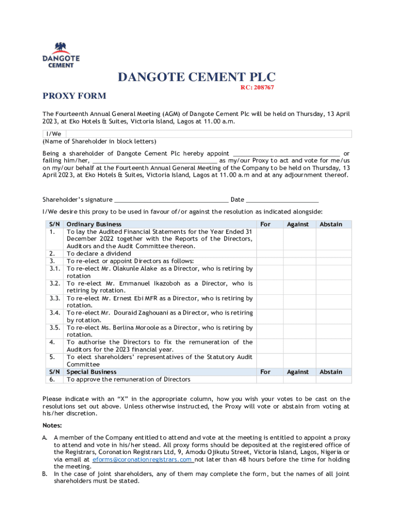 Fillable Online DANGOTE CEMENT HOLDS 14TH ANNUAL GENERAL ... Fax Email Print - pdfFiller
