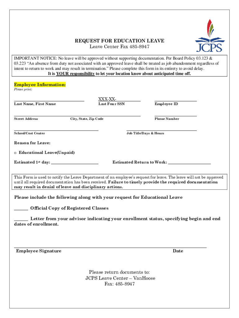Fillable Online REQUEST FOR EDUCATION LEAVE Leave Center Fax 485-8947 ...