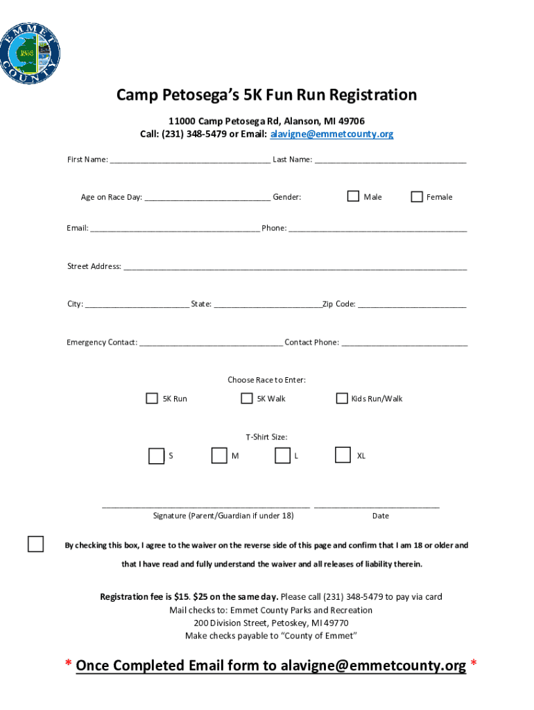 Fillable Online Camp Petosega's 5K Fun Run Registration Fax Email Print ...