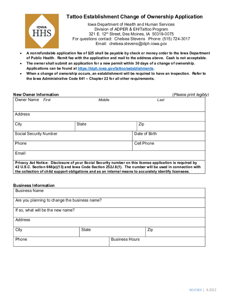 Fillable Online Tattoo Establishment Change of Ownership Application ...