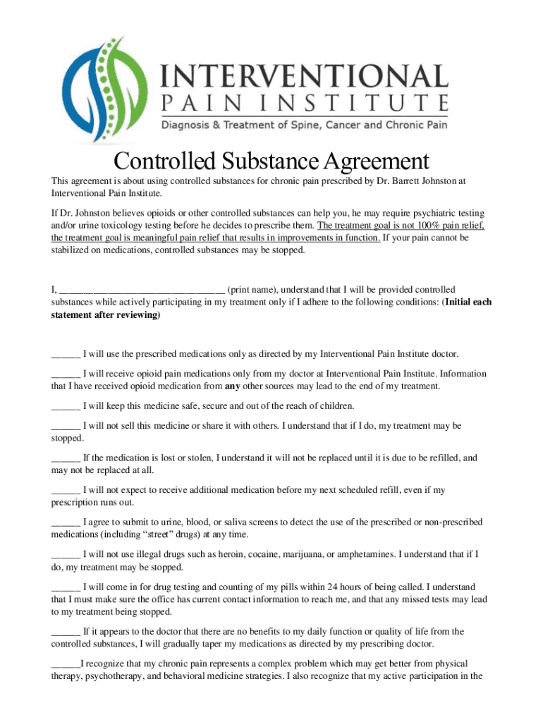 Fillable Online Controlled Substance Agreement - Interventional Pain ...