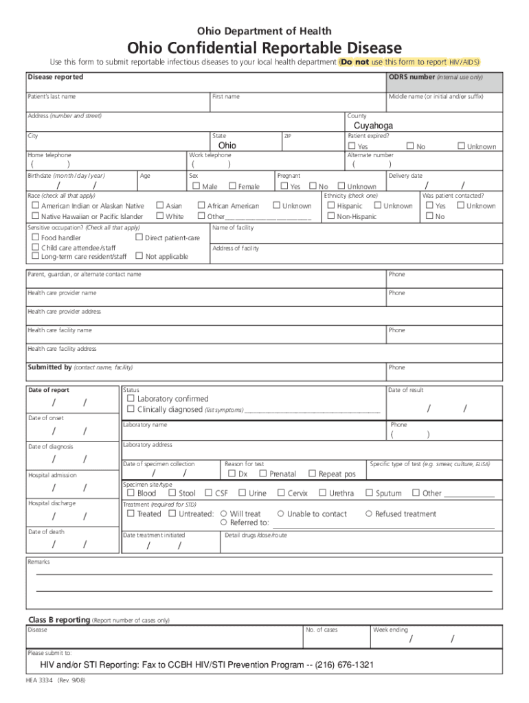 Fillable Online Ohio Reportable Disease FormOhio Department of Health ...