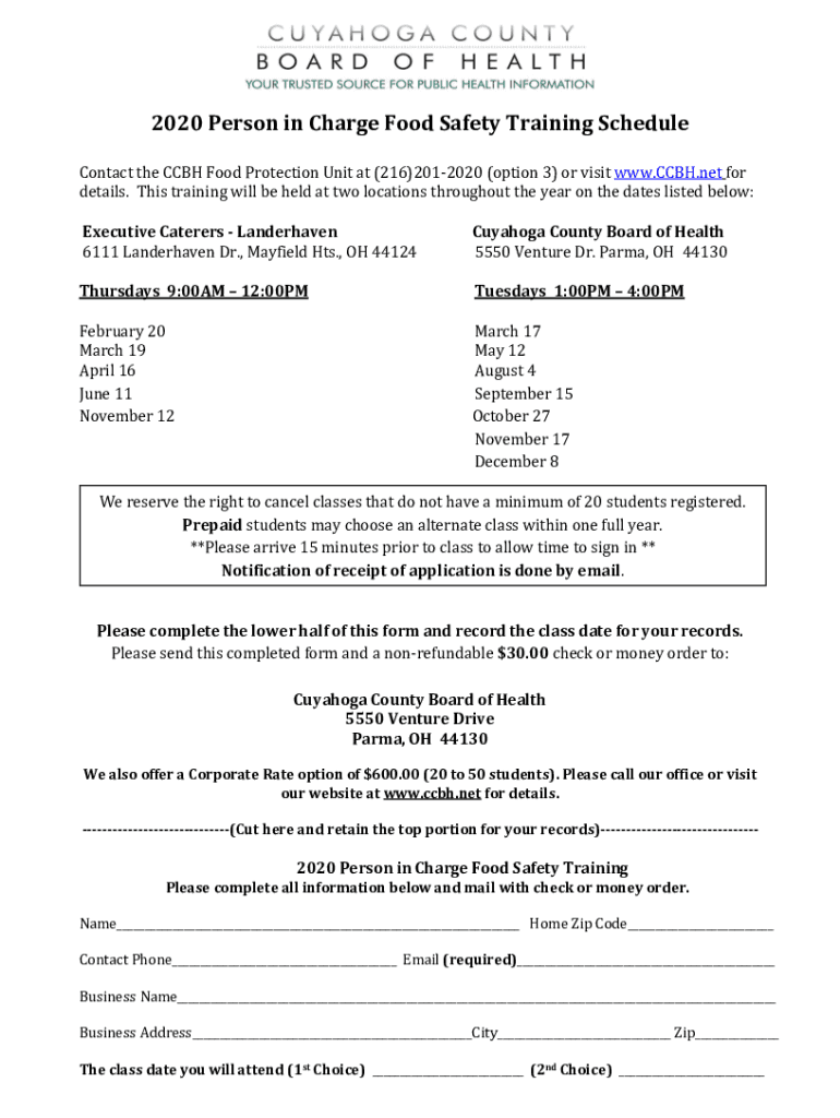 Fillable Online 2020 Person in Charge Food Safety Training Schedule Fax ...