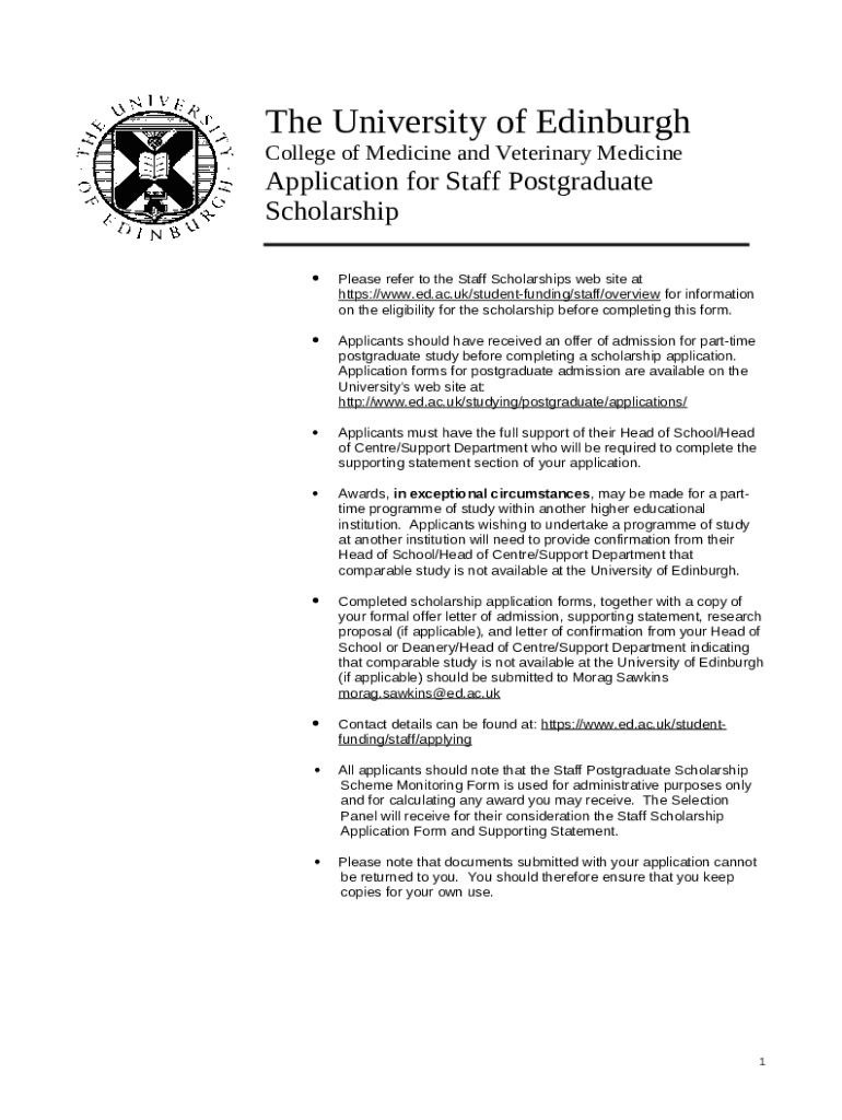 Application for Staff Postgraduate Scholarship Doc Template | pdfFiller
