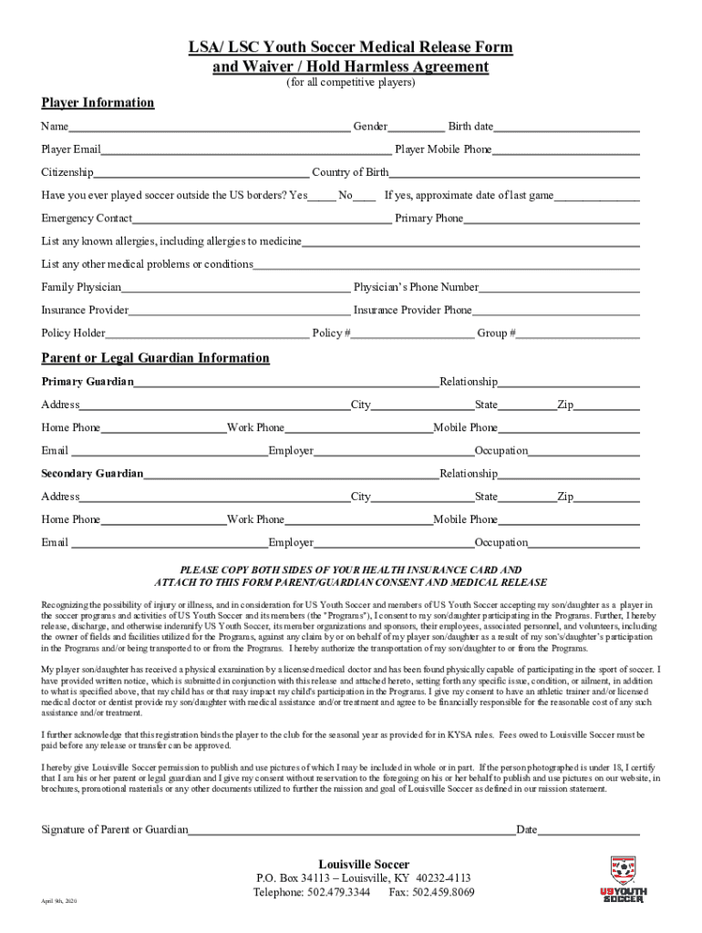 Fillable Online Get the free LSA LSC Adult Soccer Medical Release Form Fax Email Print - pdfFiller