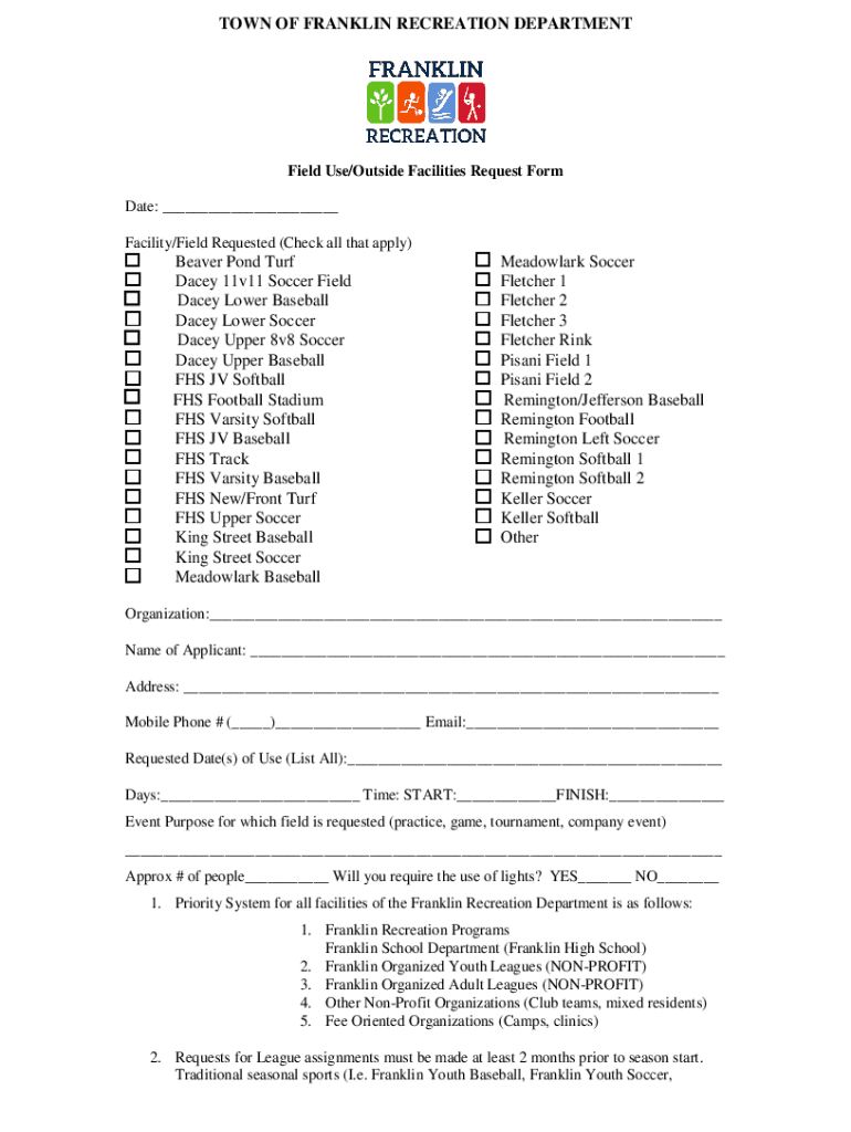 Fillable Online Facilities - Town of Franklin Recreation Department Fax ...
