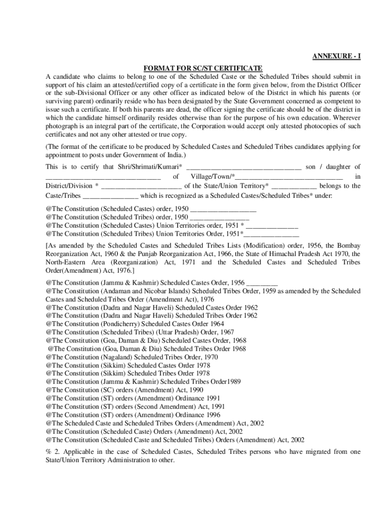 Fillable Online APPENDIX II FORMAT FOR SC/ST CERTIFICATE A ... Fax ...