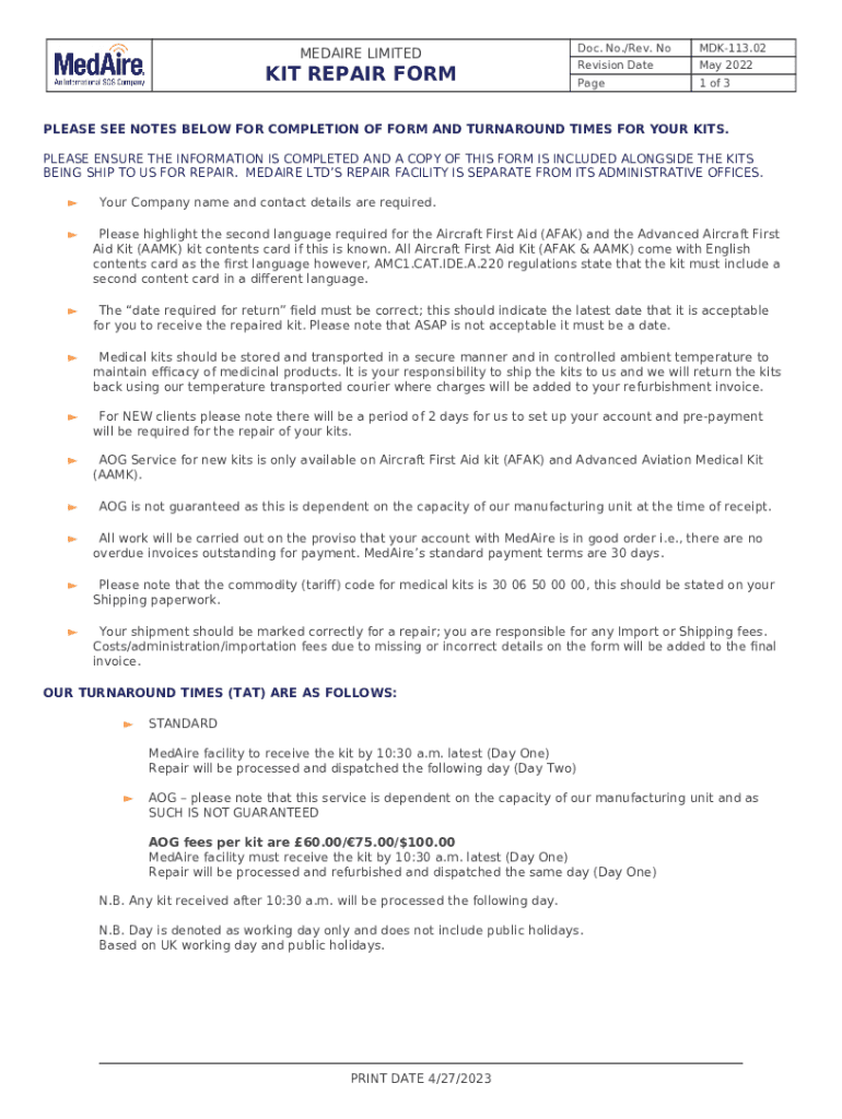 Kit Repair - Medaire Ltd Doc Template | pdfFiller